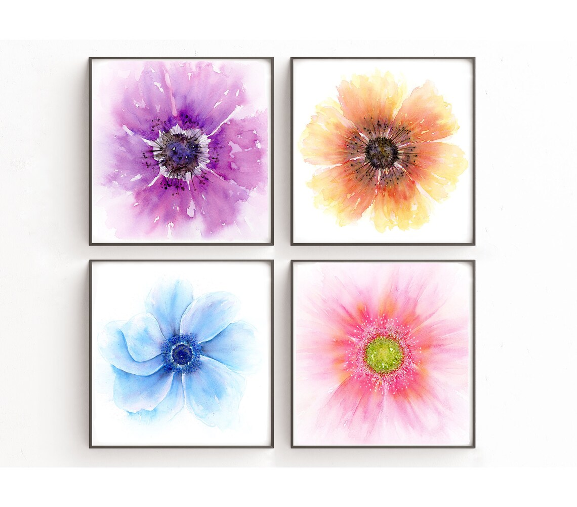 Watercolor Flowers Square Botanical Print Set of 4 Prints of | Etsy
