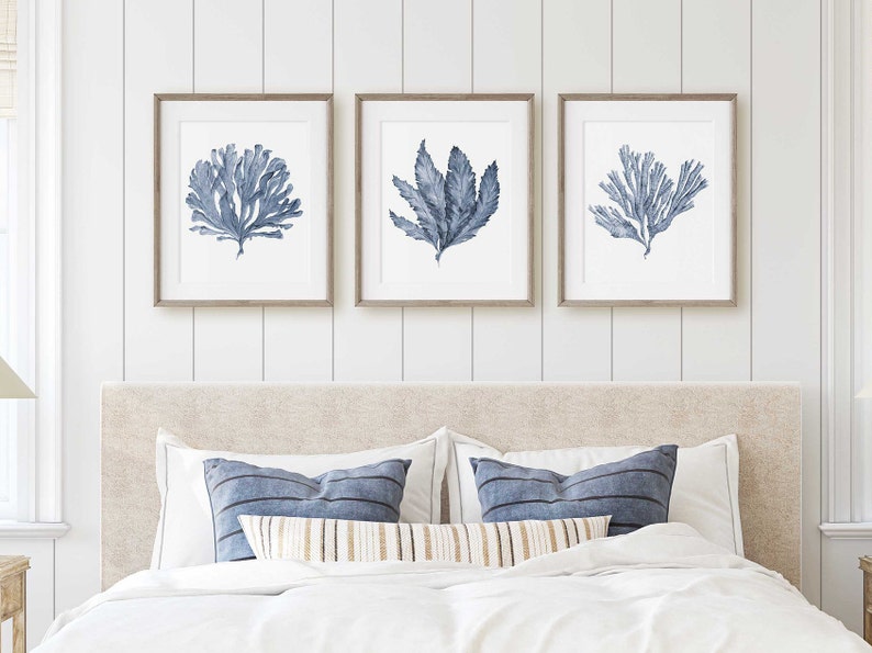 Set of 3 Prints, Hamptons Style Artwork, Navy Blue Coastal Decor ...