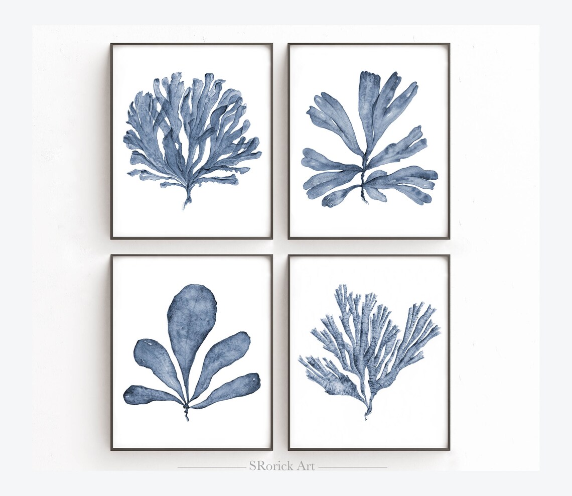 Hamptons Decor Blue Sea Fan Print Set of 4 Prints Navy Blue | Etsy