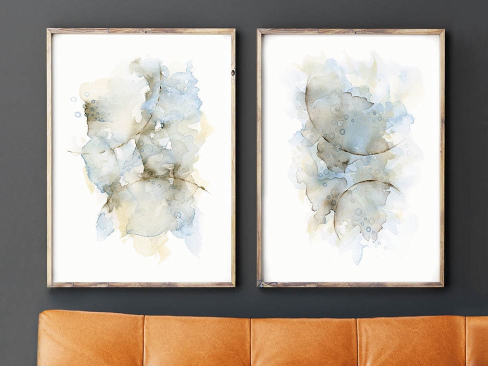 Abstract Watercolor Print Set of 2 Prints, Diptych Wall Art in Blue ...