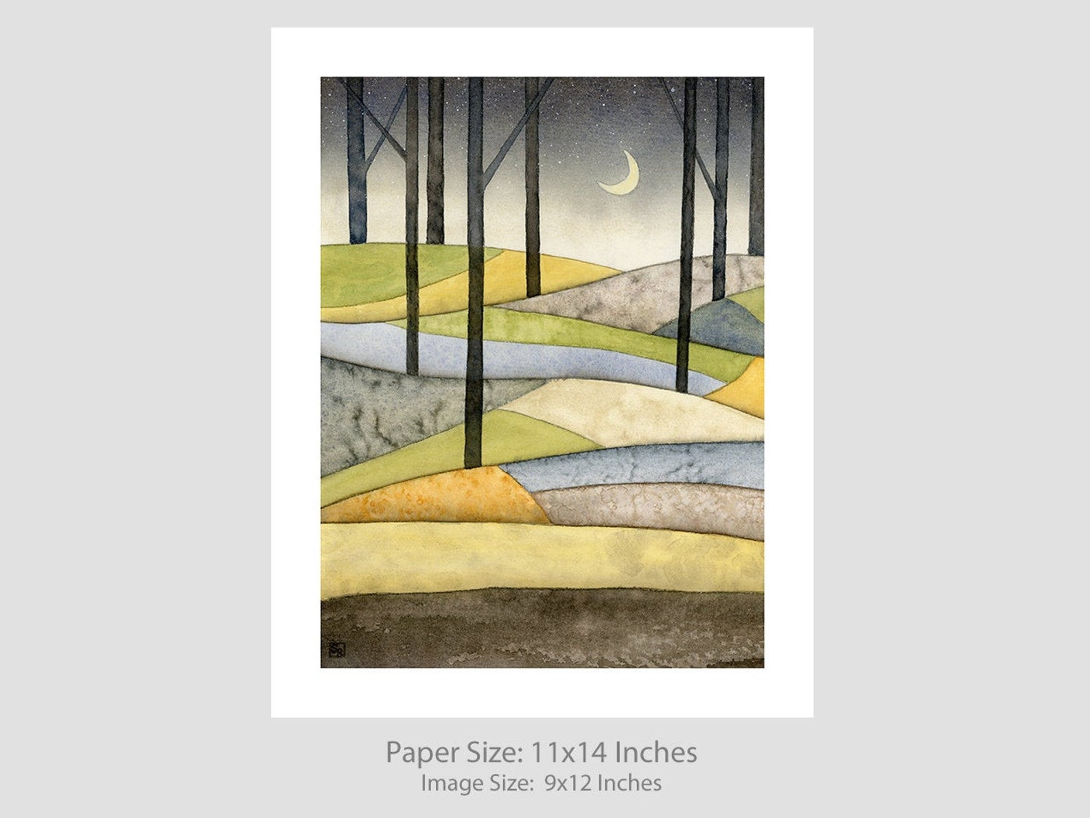 Moonscape Art, Forest Mountain Watercolor Print, Landscape in the Night ...