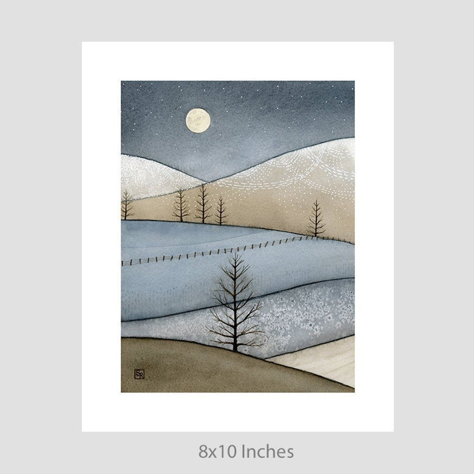 Snowy Mountain Art Print in Blue Grey and Beige. Starry Night - Etsy