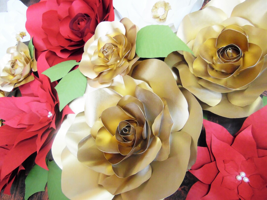 Christmas Paper Flower Decor, DIY Poinsettia Flower Templates, Gold ...