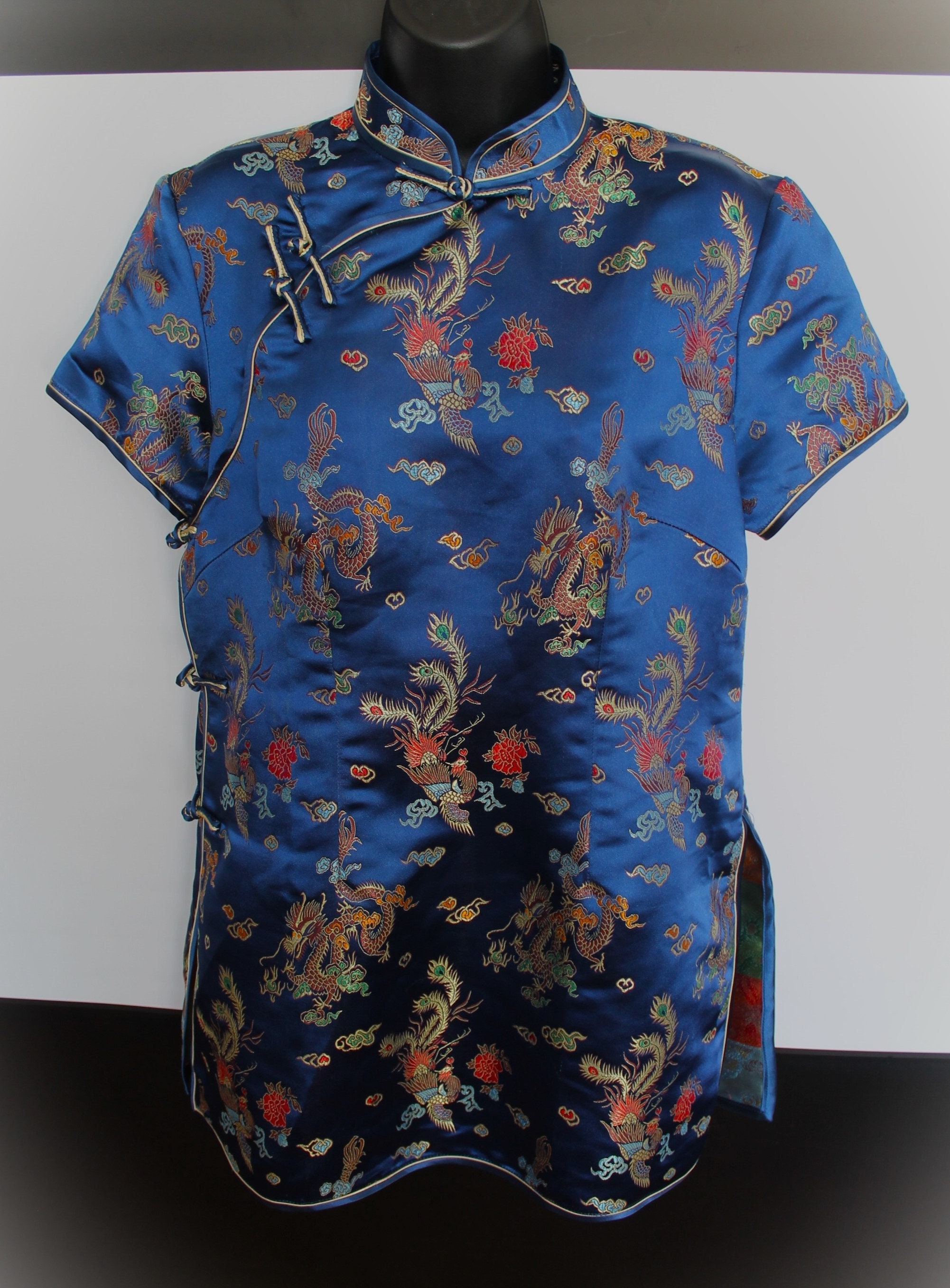 Blue Chinese Tunic With Red and Gold Vintage Embroidered Dragons / Mao ...