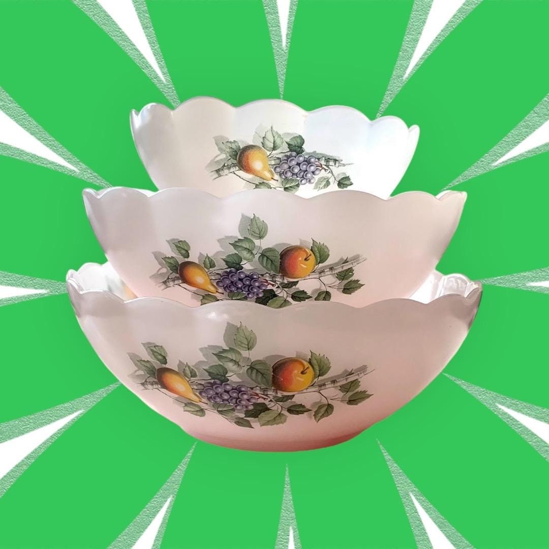 Arcopal White Bowls With Vintage Fruit Prints / Arcopal France Kitchen ...