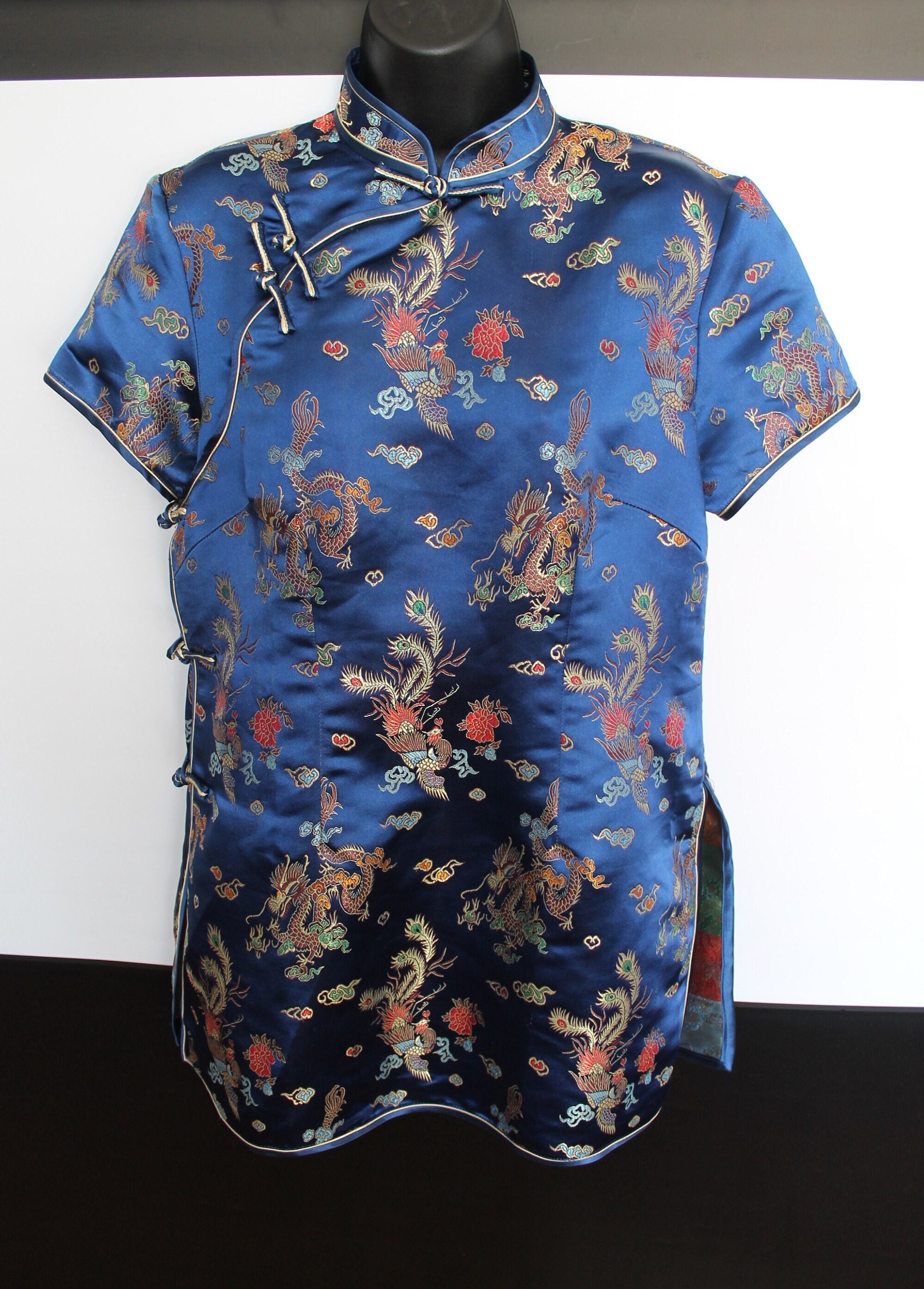 Blue Chinese Tunic With Red and Gold Vintage Embroidered Dragons / Mao ...