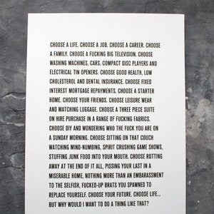 Trainspotting - Original Choose Life Quote - A4 Black and White ...