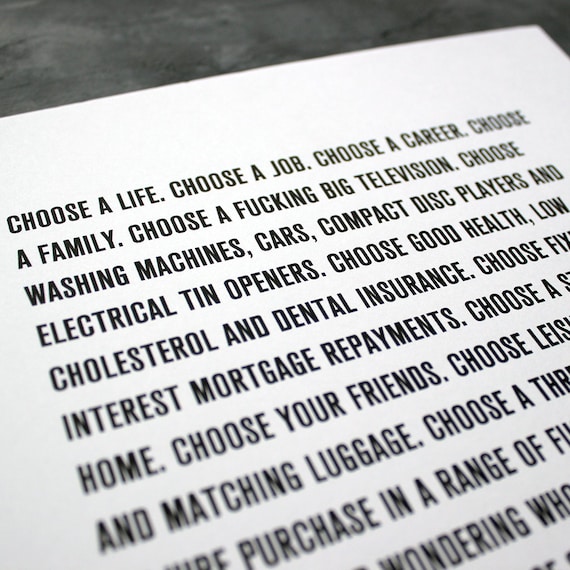 Trainspotting Original Choose Life Quote A4 Black and - Etsy