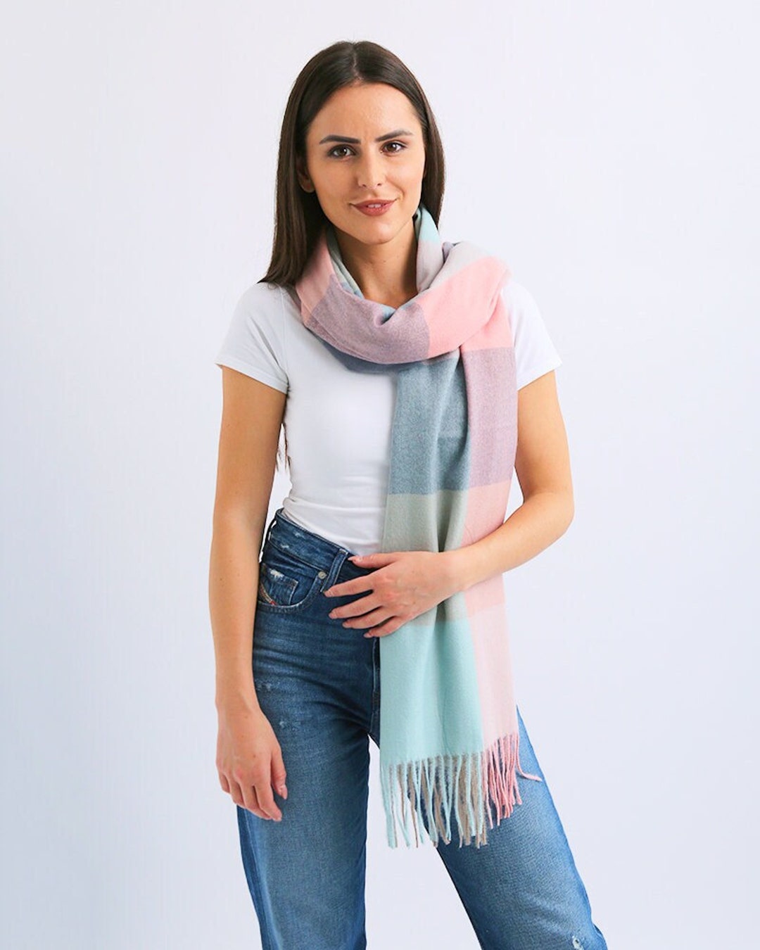 Tartan Scarf Pastel Pink Blue Scarf Checked Scarf Colour Block Women ...