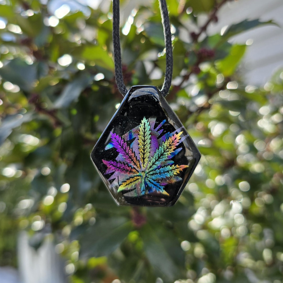 420 Pot Leaf Rainbow Dichroic Fused Glass Pendant Wook Jewelry Hippie ...