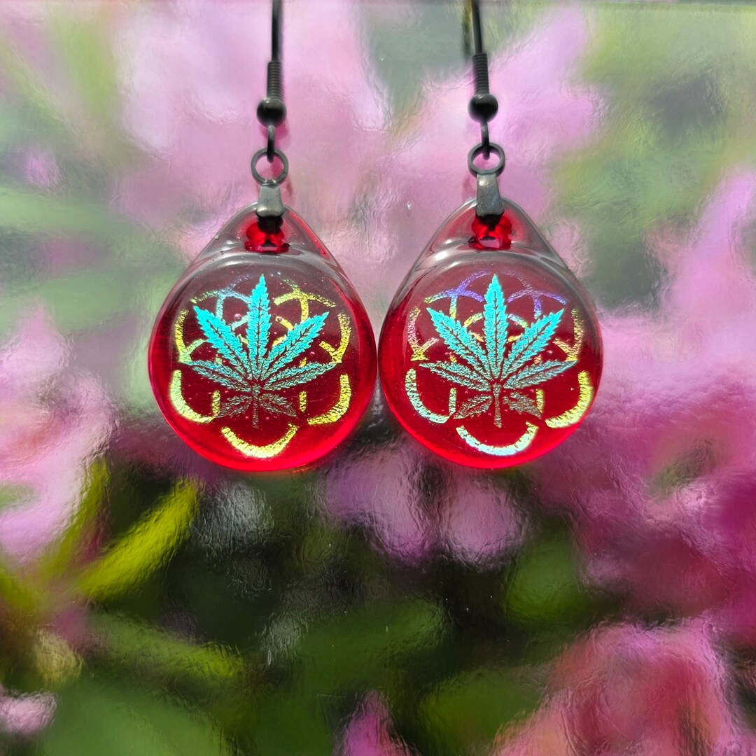 420 Pot Leaf Seed of Life Sacred Geometry Dichroic Fused Glass Earrings ...
