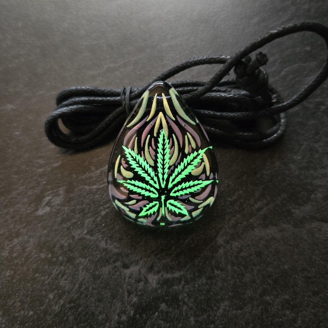 Glow in the Dark UV 420 Pot Leaf Fused Glass Pendant Wook Jewelry ...