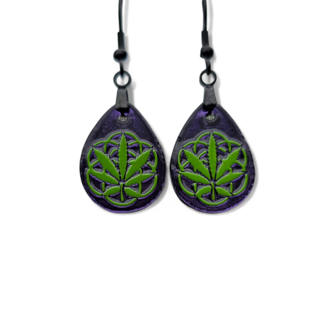 420 Pot Leaf Flower of Life Sacred Geometry Enamel Fused Glass Earrings ...
