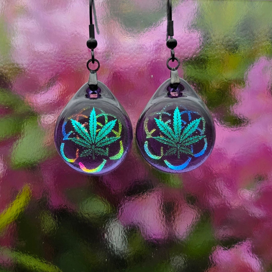 420 Pot Leaf Seed of Life Sacred Geometry Dichroic Fused Glass Earrings ...