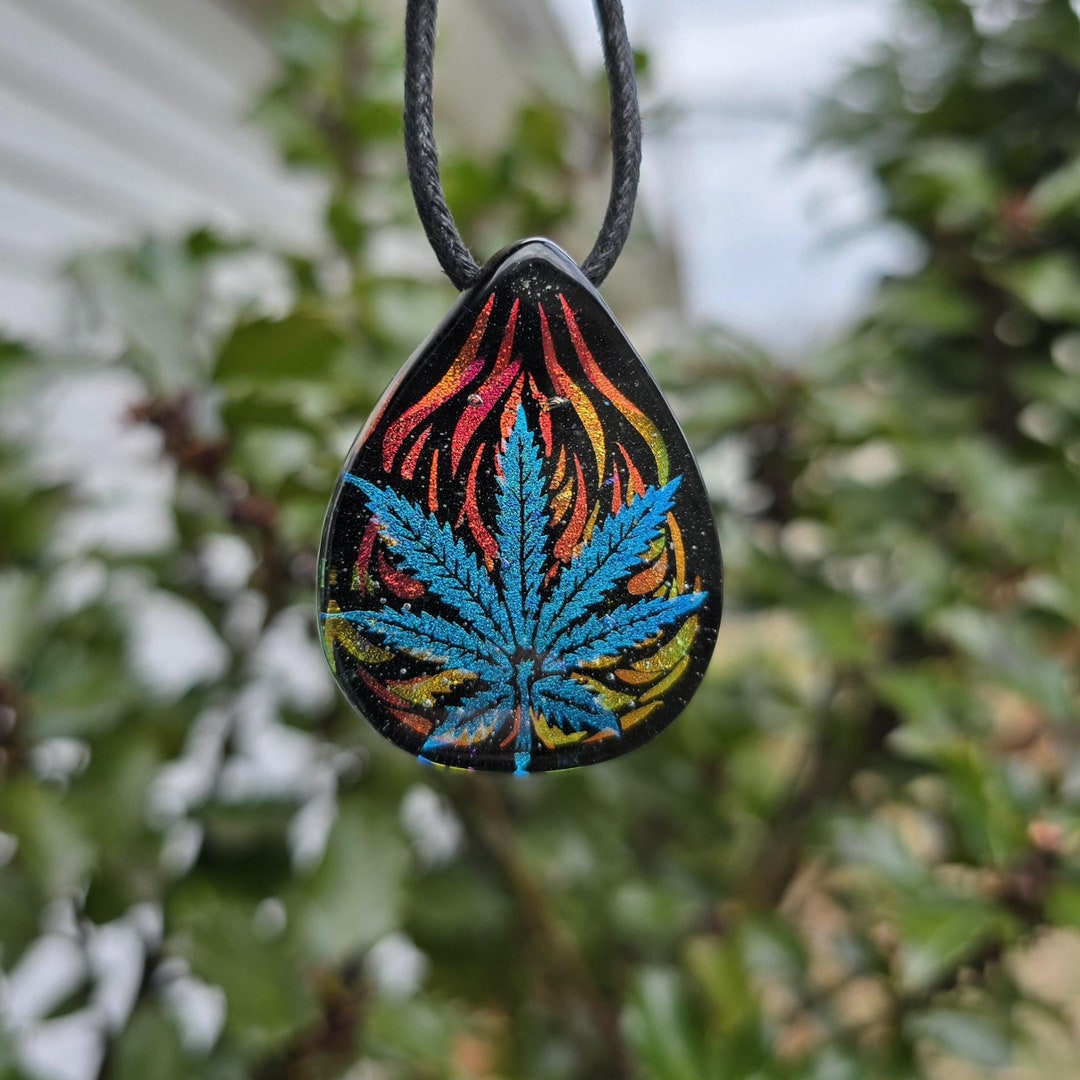 420 Pot Leaf Flame Dichroic Fused Glass Pendant Wook Jewelry Hippie ...