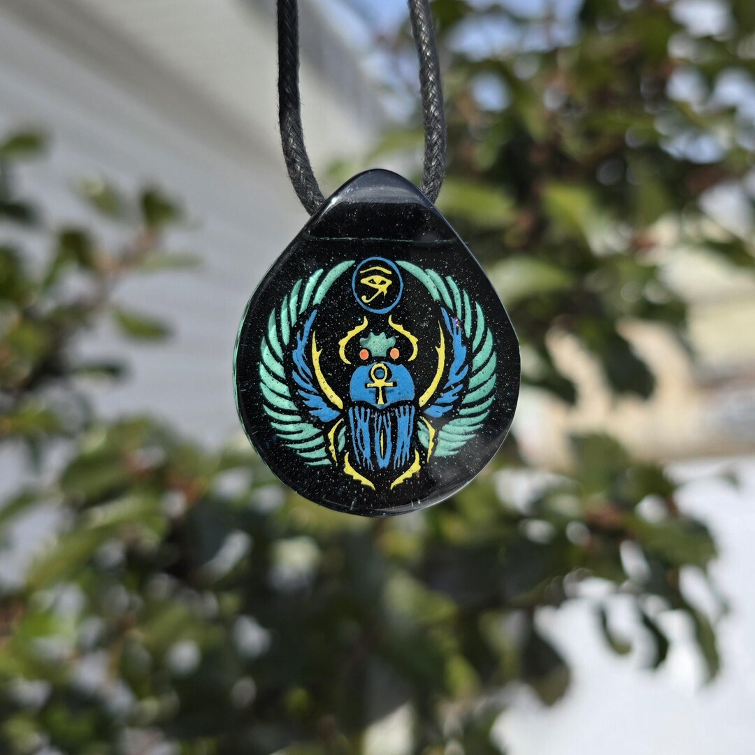 Egyptian Scarab Eye of Ra Ankh Fused Glass Art Pendant Necklace Boho ...