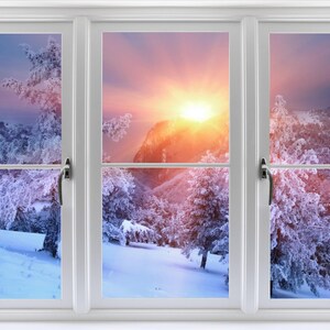 Window Scape Winter Morning Wall Decal Graphic Sticker Snow Sunset Sun ...