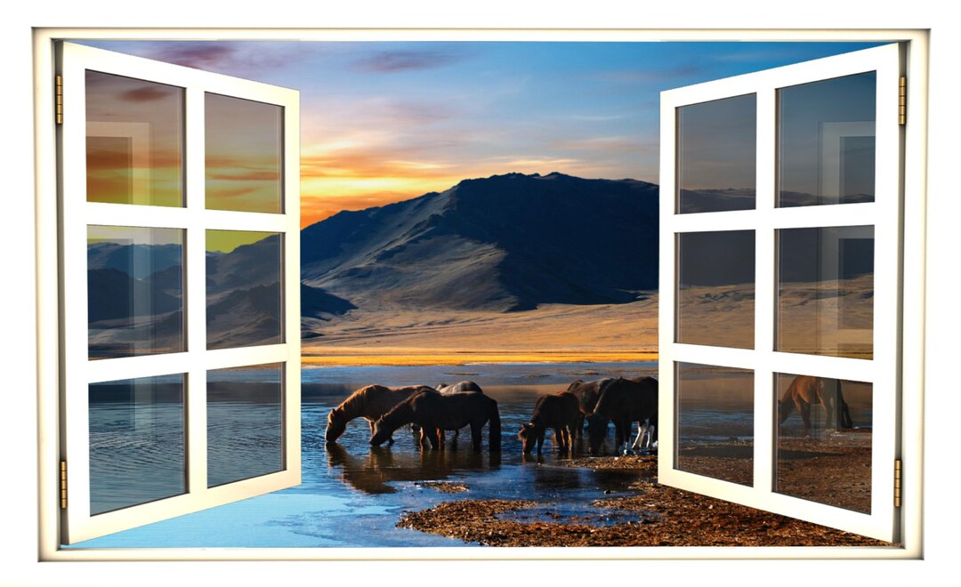 3D Window Horses 1 Wall Decal Wall Sticker Removable Fabric Vinyl Fake ...
