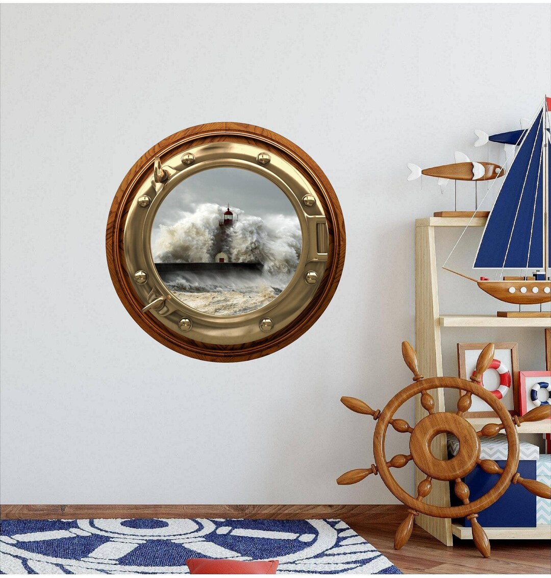 Port Scape Lighthouse #1 Crashing Waves Porthole Window Wall Decal ...