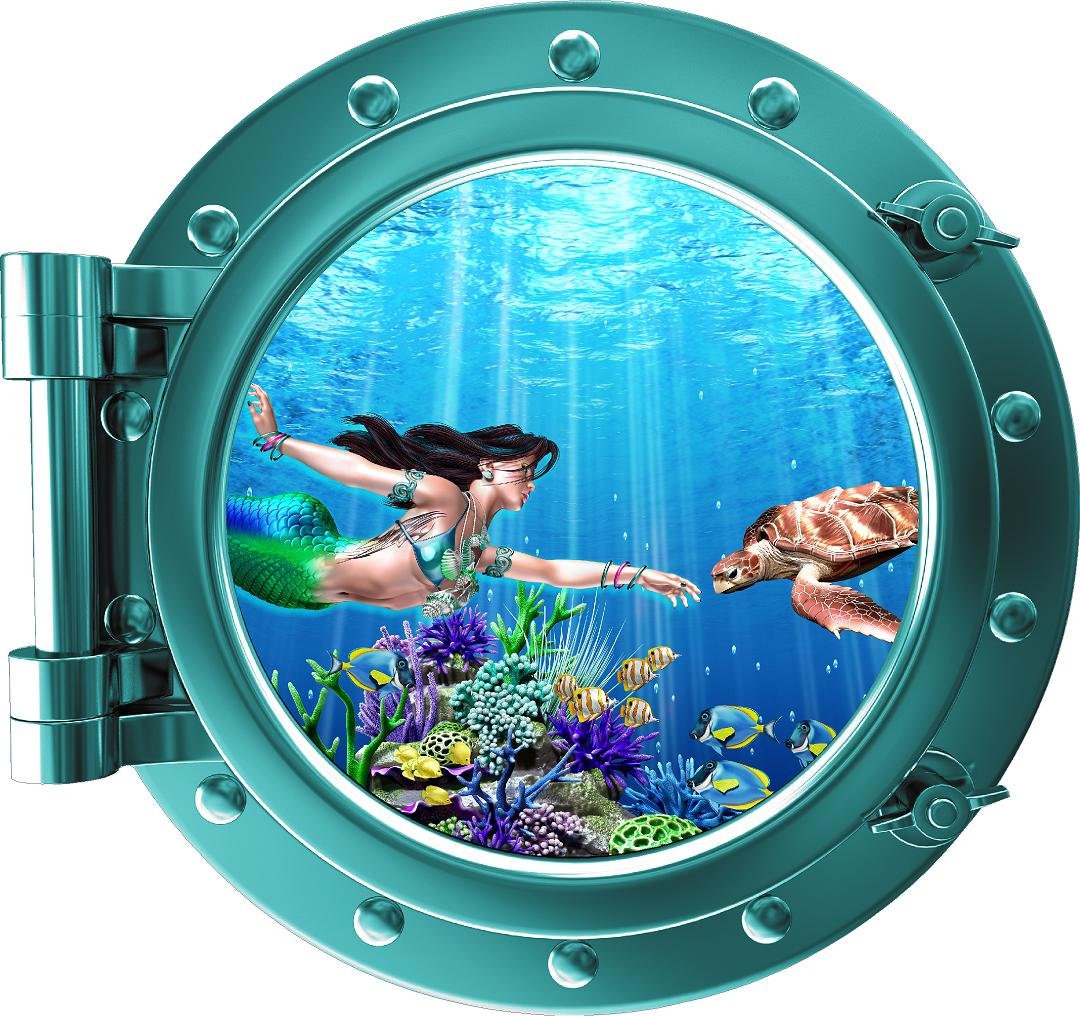 Port Scape Mermaid & Sea Turtle COLORED Porthole Window Wall - Etsy