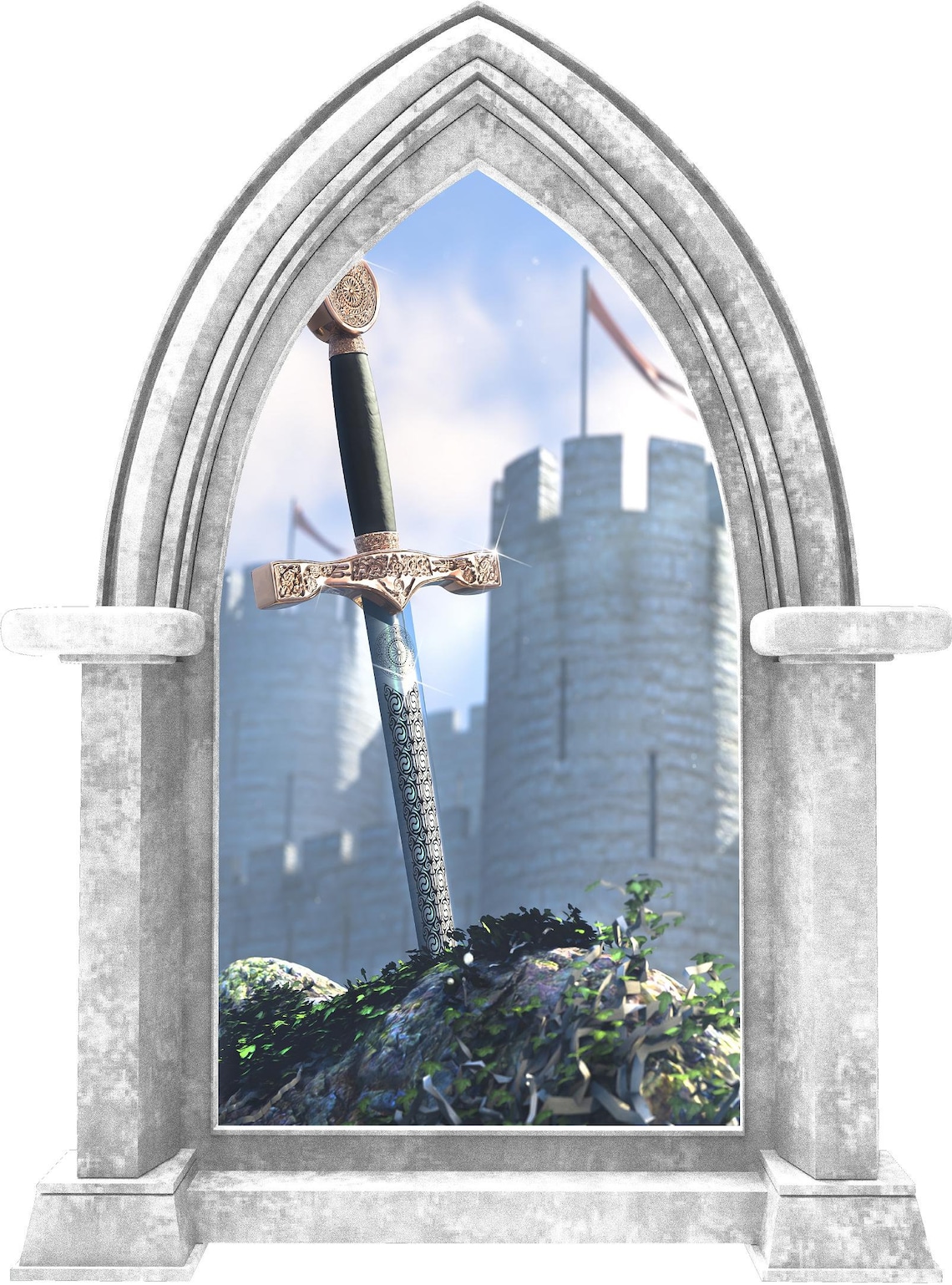 Castle Scape Sword in the Stone Medieval 3D Window Wall Decal Removable ...