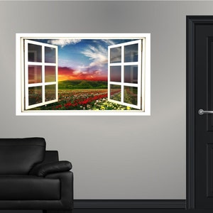 Window Scape Hillside Garden Wall Decal Graphic Sticker Yellow Flower ...