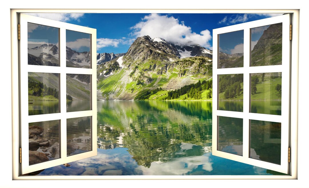 Window Scape Mountain Lake #2 Wall Decal 3D Sticker Mountain View ...