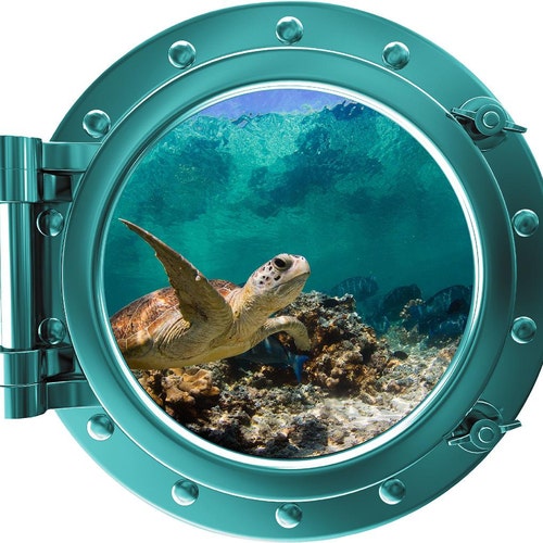 COLORED PORTSCAPE Aqua Sea Turtle 4 Porthole Wall Sticker - Etsy