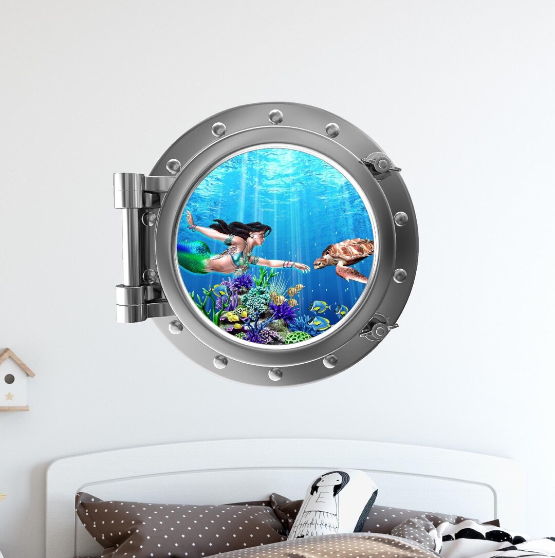 3D Porthole Window Wall Decal Sticker Mermaid & Sea Turtle #1 Port ...