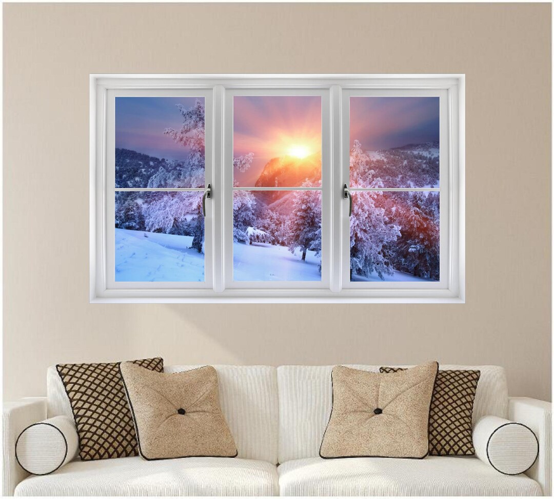 Window Scape Winter Morning Wall Decal Graphic Sticker Snow Sunset Sun ...
