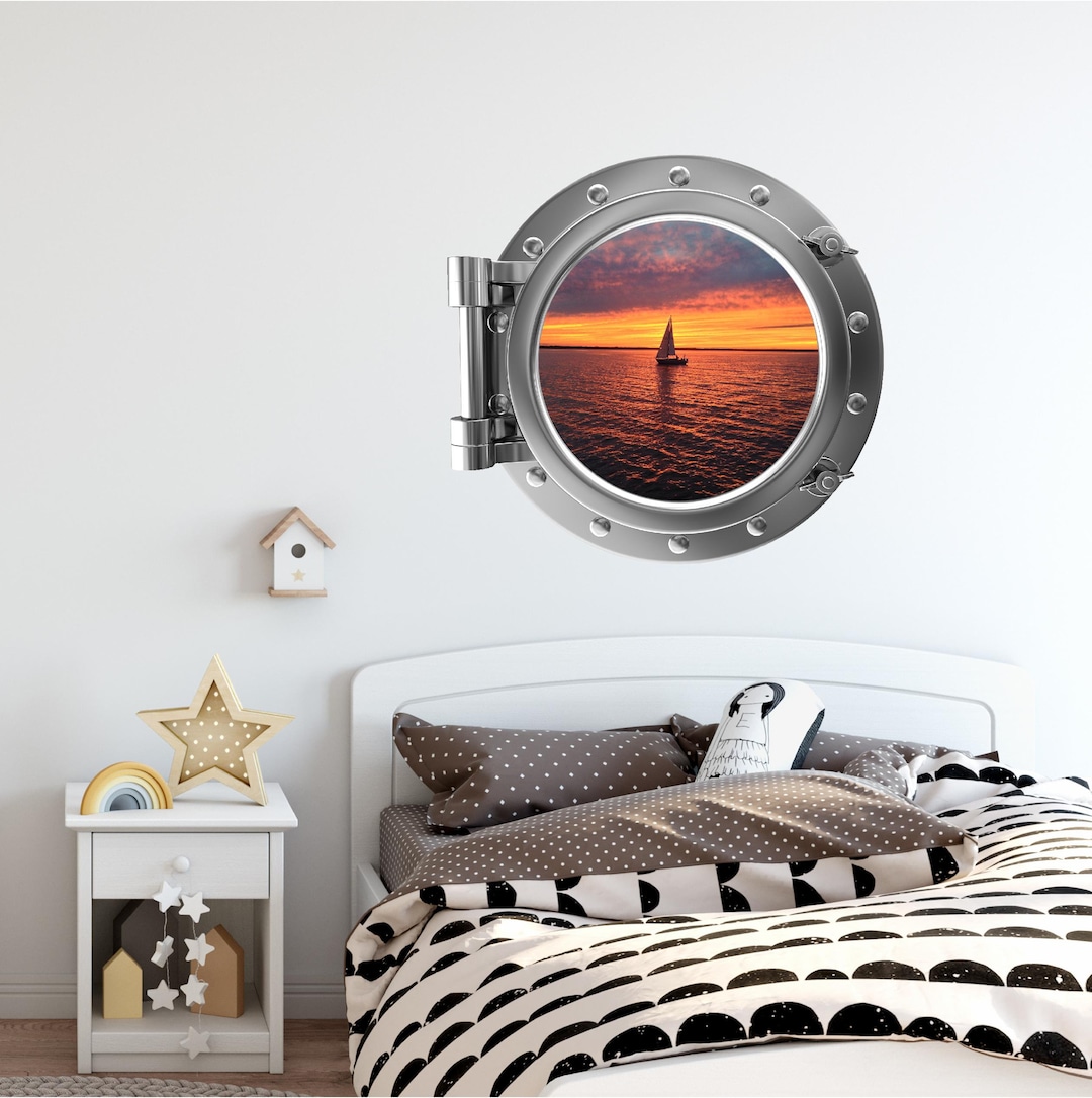 Port Scape Sail Boat 3 Sunset Porthole Wall Sticker Graphic Decal ...