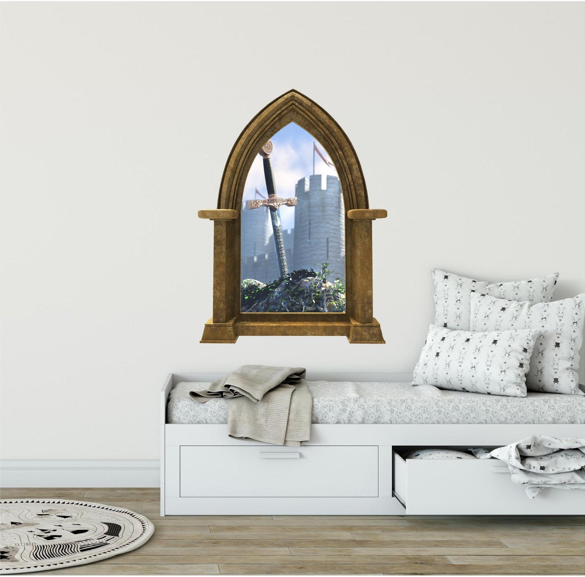 Castle Scape Sword in the Stone Medieval 3D Window Wall Decal Removable ...
