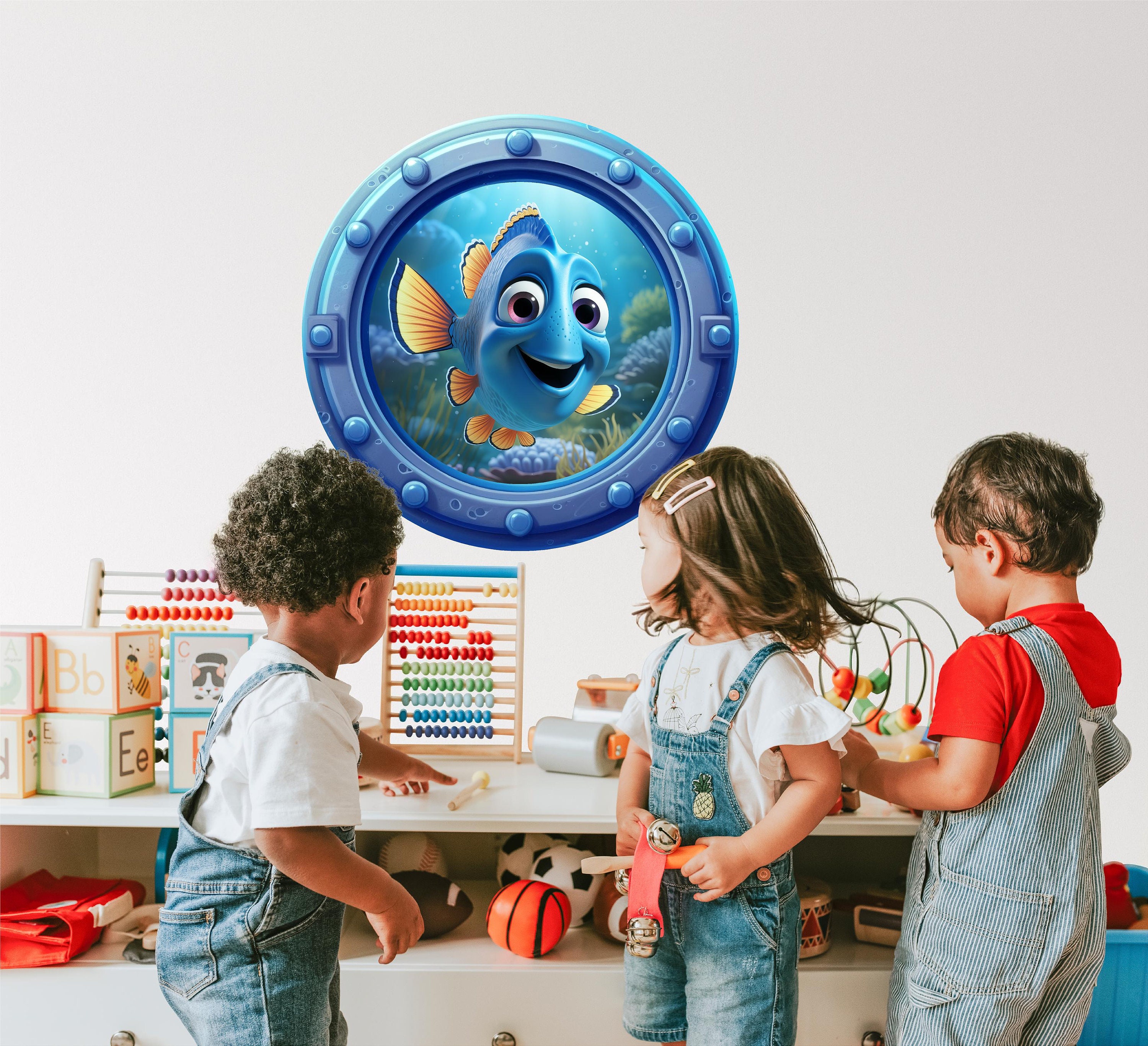 Cartoon Blue Tang Porthole Window Wall Decal Tropical Fish Under the ...