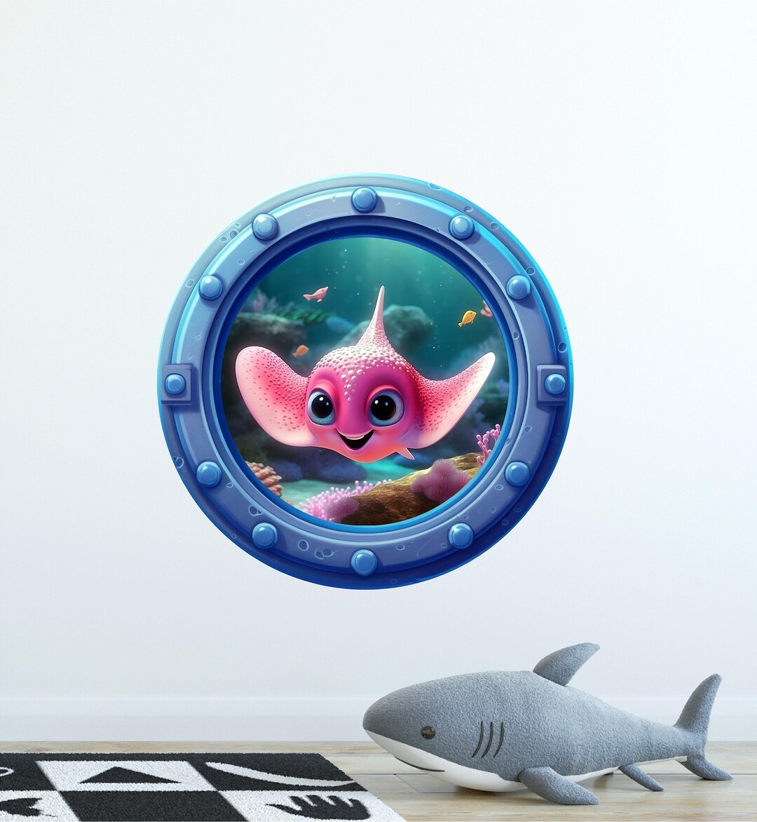Cartoon Pink Stingray Porthole Window Wall Decal Under the Sea Ocean ...