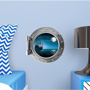 Port Scape Ship in Moonlight #1 Porthole Wall Sticker Graphic Decal Sea ...