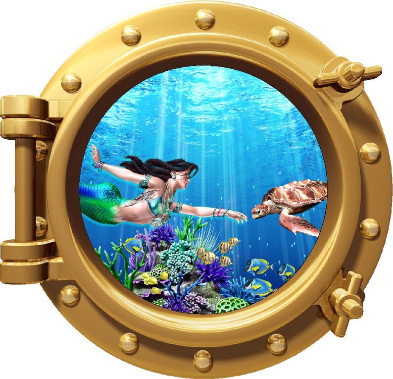 3D Porthole Window Wall Decal Sticker Mermaid & Sea Turtle #1 Port ...