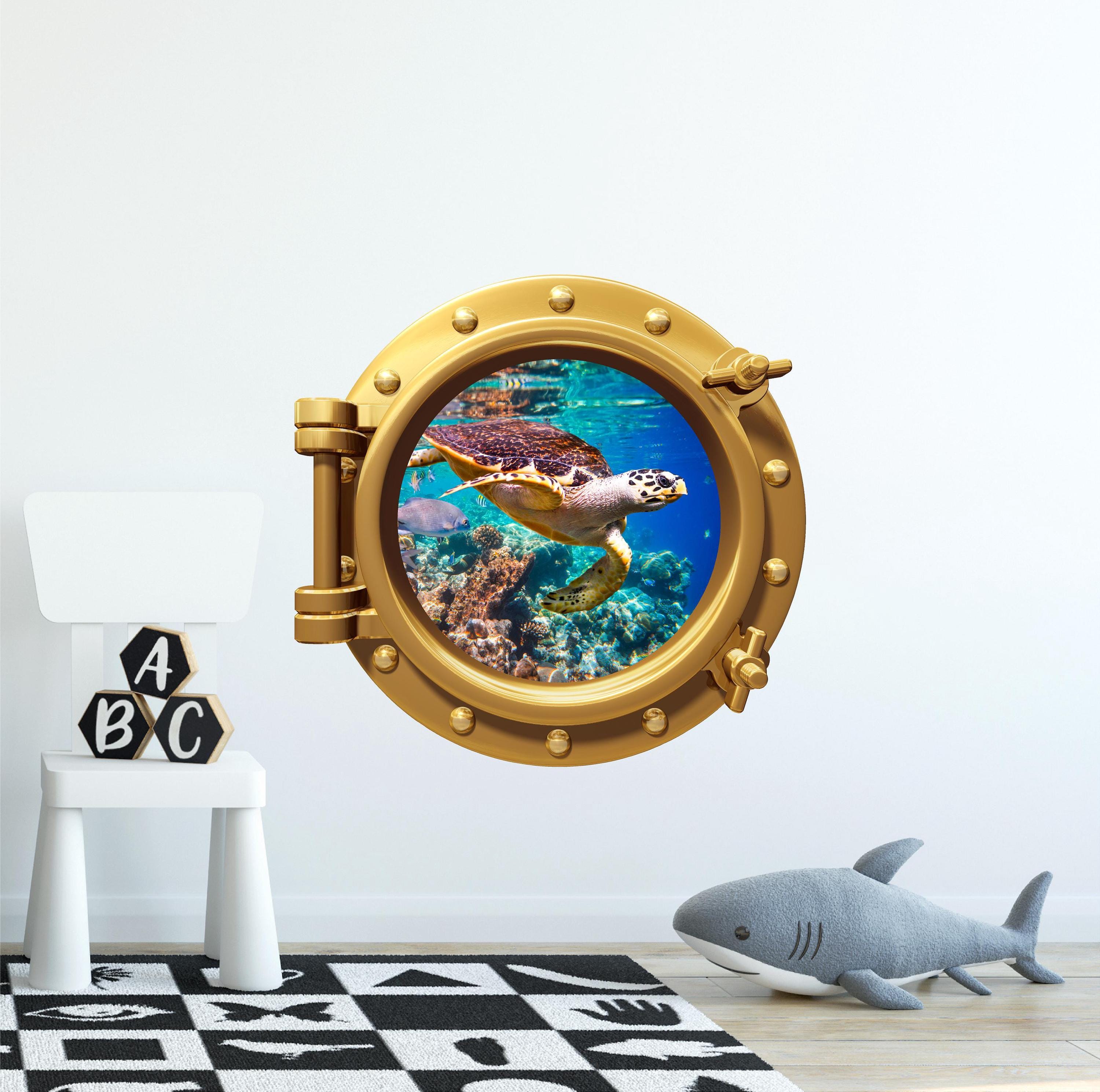 Hawksbill Sea Turtle Porthole Wall Decal, Underwater Coral Reef Boat ...