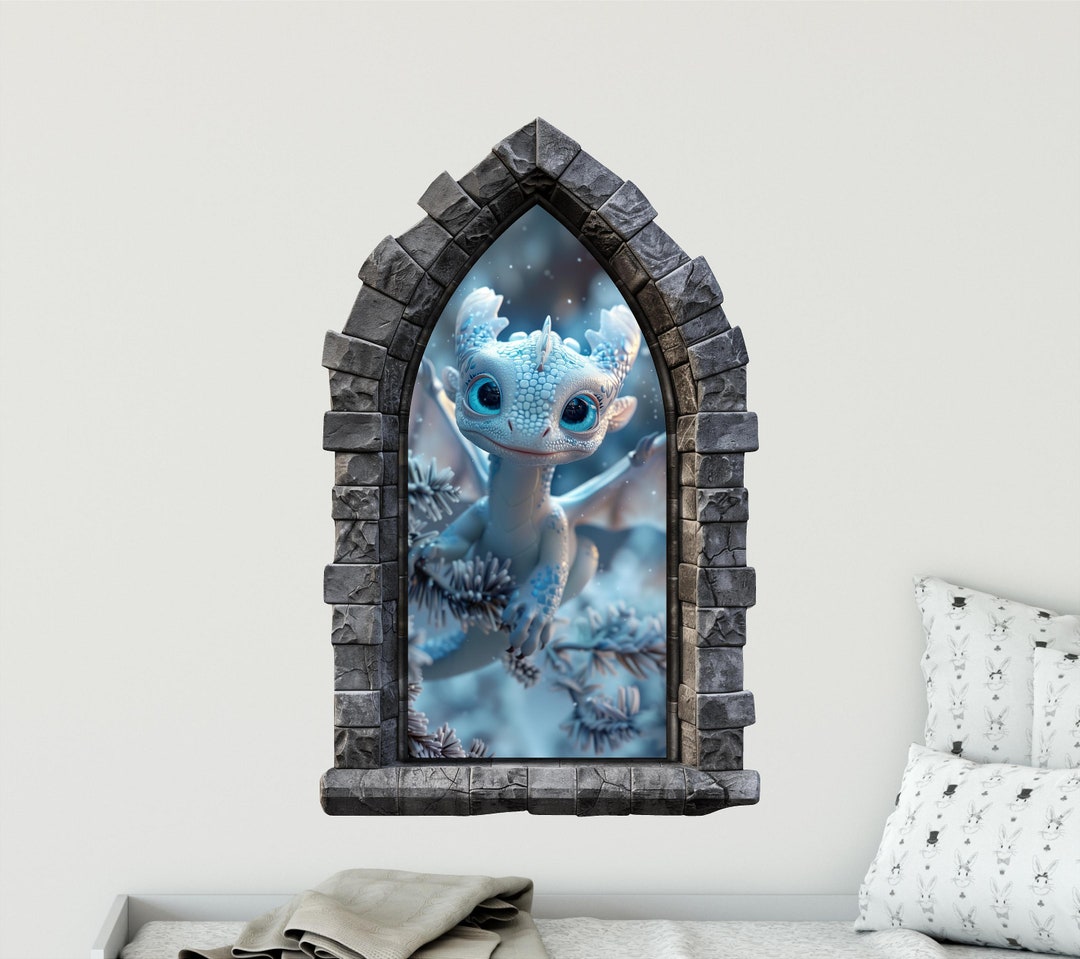 Stone Castle Window Wall Decal - Baby Ice Dragon - Castlescape Window ...