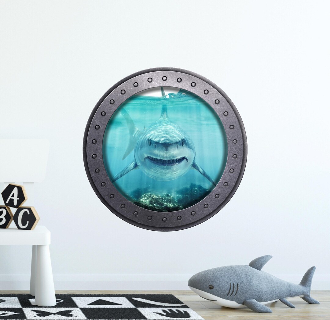 Great White Shark in Shallow Water Porthole Window Wall Decal Ocean ...