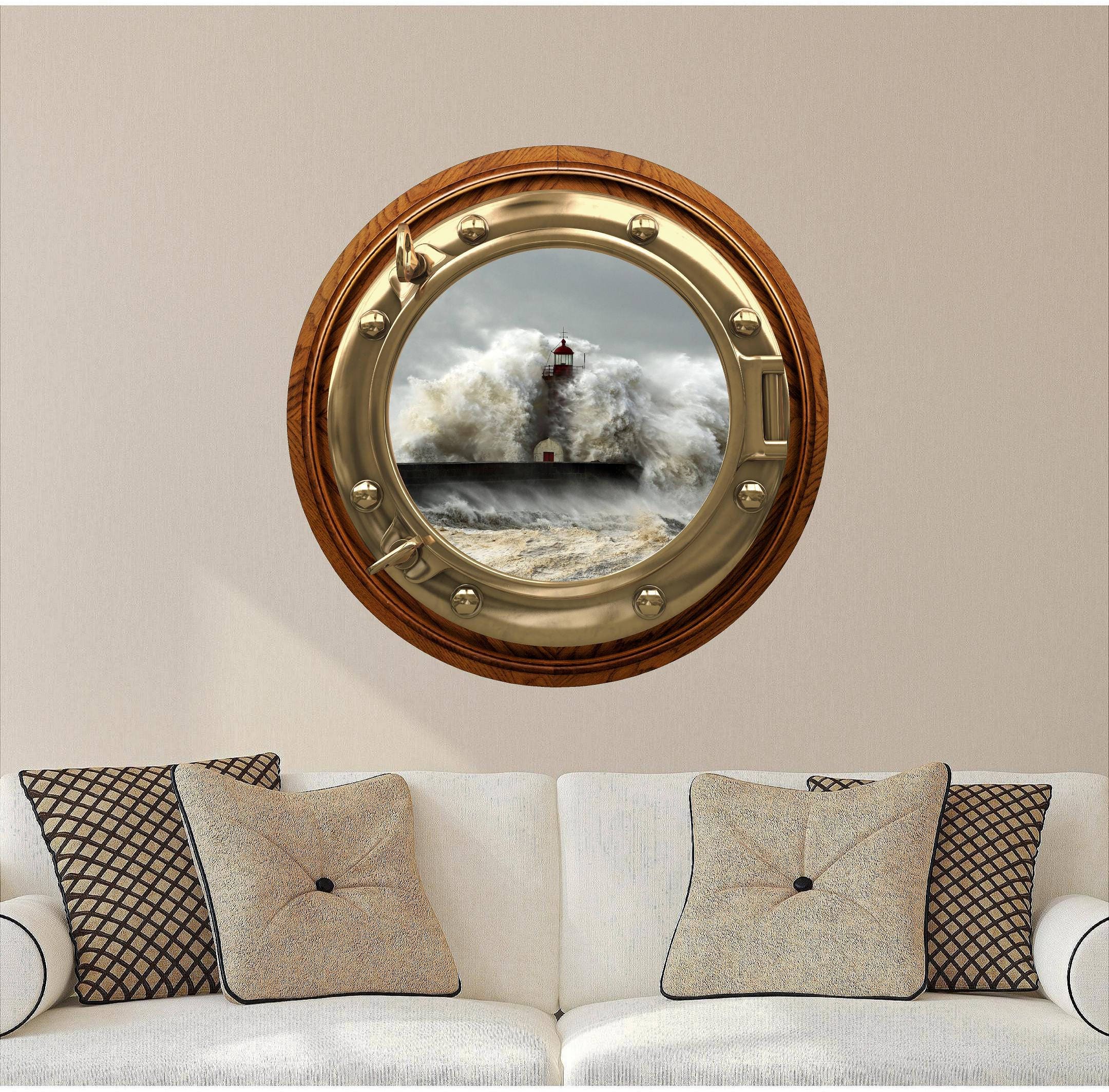 Port Scape Lighthouse #1 Crashing Waves Porthole Window Wall Decal ...