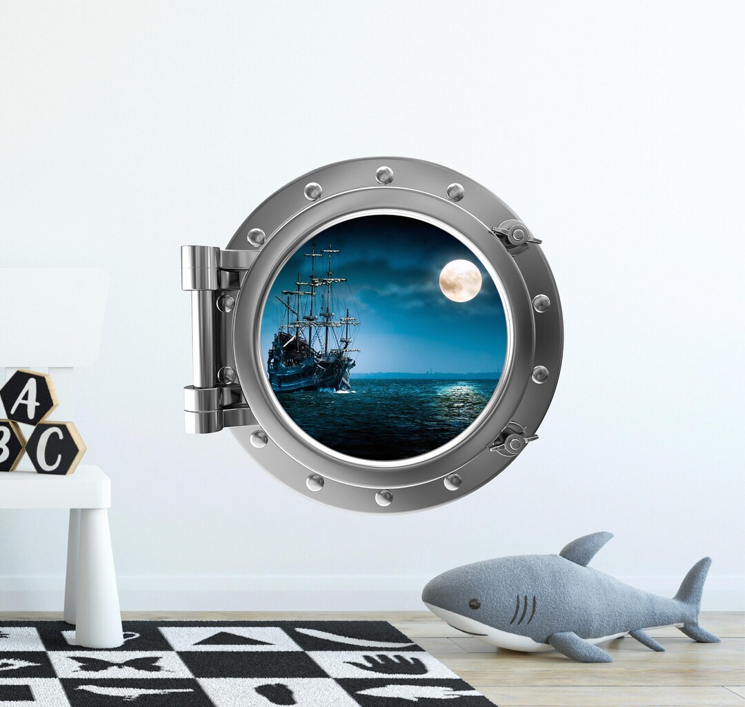 Sea Porthole Window Wall Decal, Ship in Moonlight Porthole Wall Sticker ...
