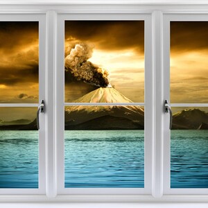 Window Scape Volcano #1 Wall Decal Graphic Vinyl Sticker Ocean Clouds ...