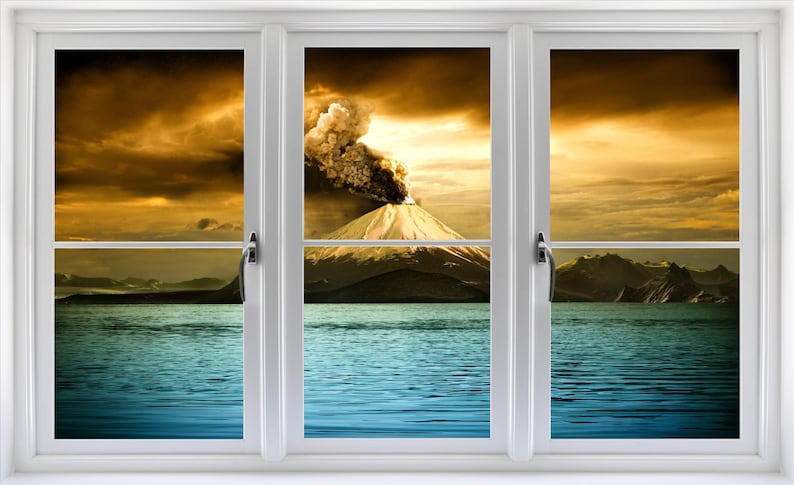 Window Scape Volcano #1 Wall Decal Graphic Vinyl Sticker Ocean Clouds ...