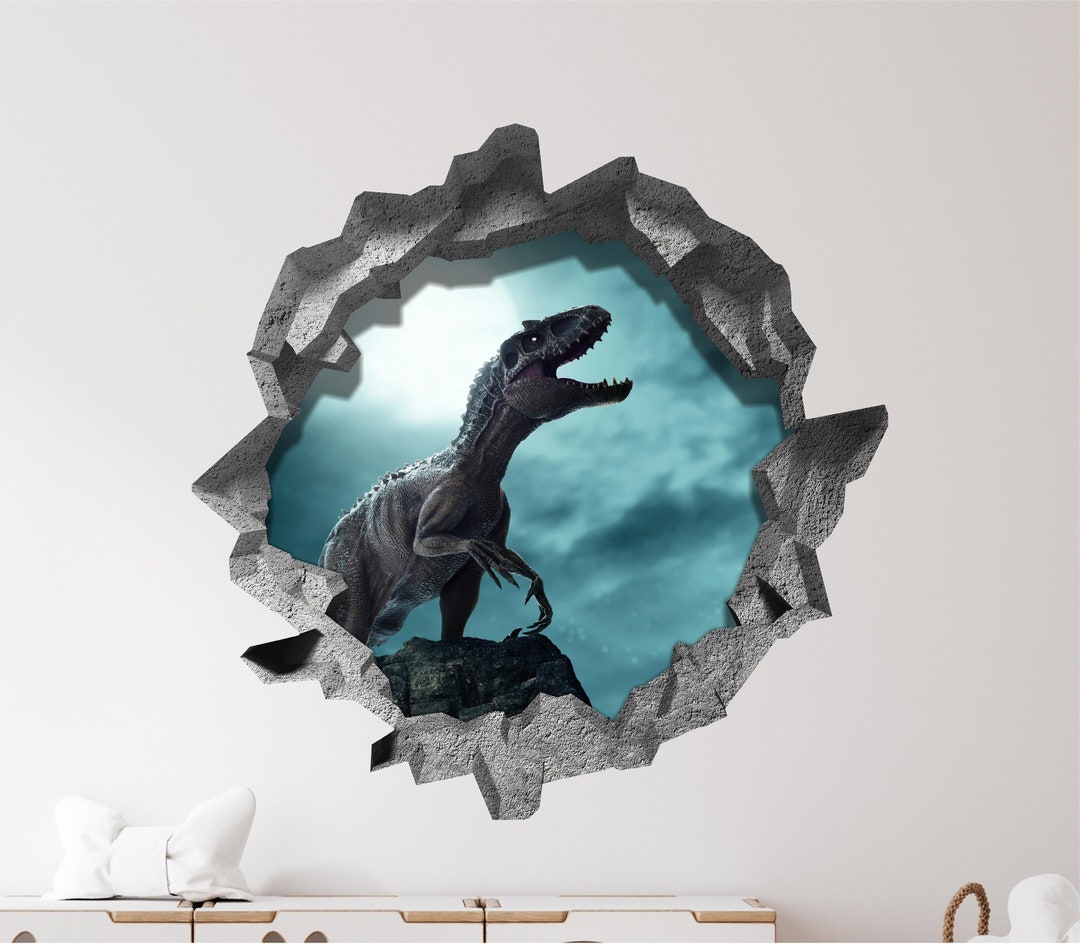 3D Hole in the Wall Decal - Indoraptor Jurassic Dinosaur at Night - 3D ...