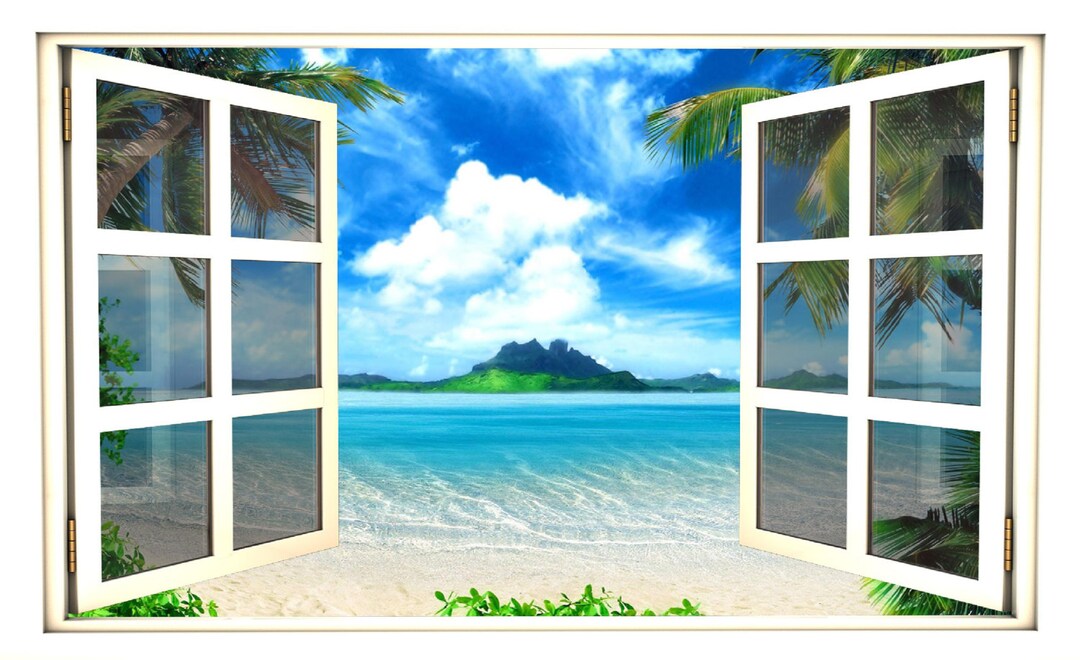 Window Scape Tropical #3 3D Window Wall Decal Sticker Mural Beach Palm ...