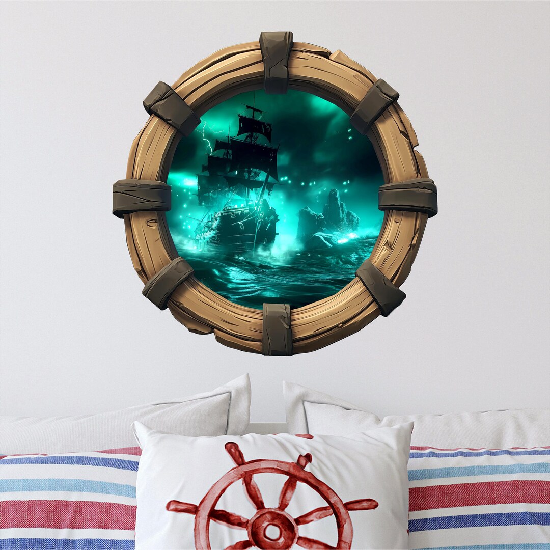 Pirate Ship Porthole Window Wall Decal, Ghost Ship at Night, Pirate ...
