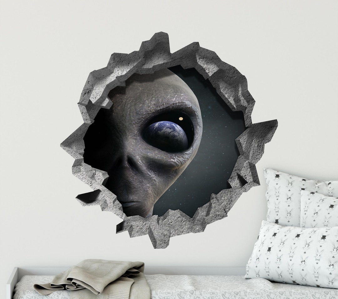 3D Hole in the Wall Decal - Alien Arrival - Alien UFO Outer Space - 3D ...