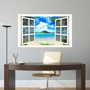 Window Scape Tropical #3 3D Window Wall Decal Sticker Mural Beach Palm ...