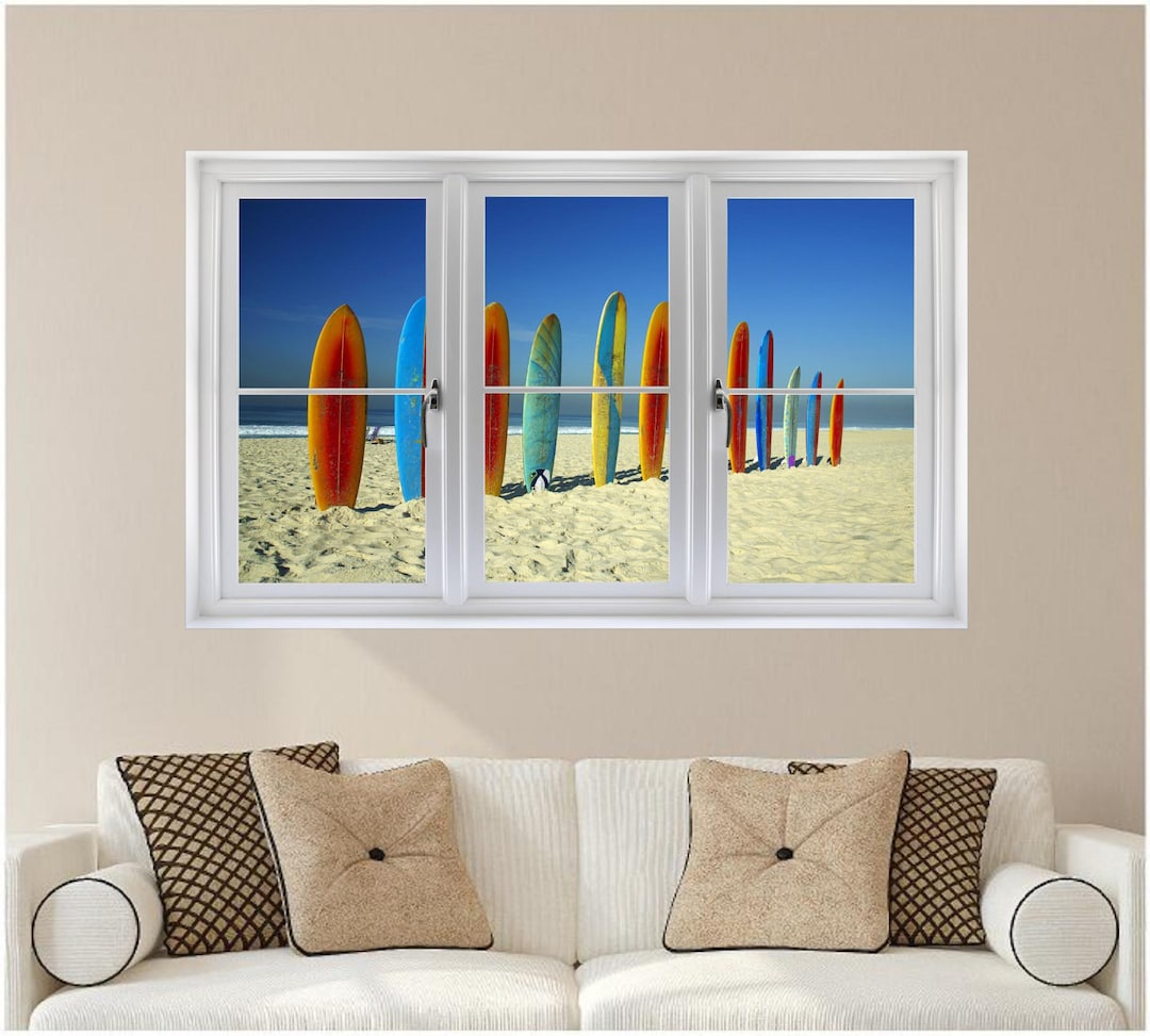 Window Scape Surf Boards on Beach #1 Wall Decal Graphic Vinyl Sticker ...