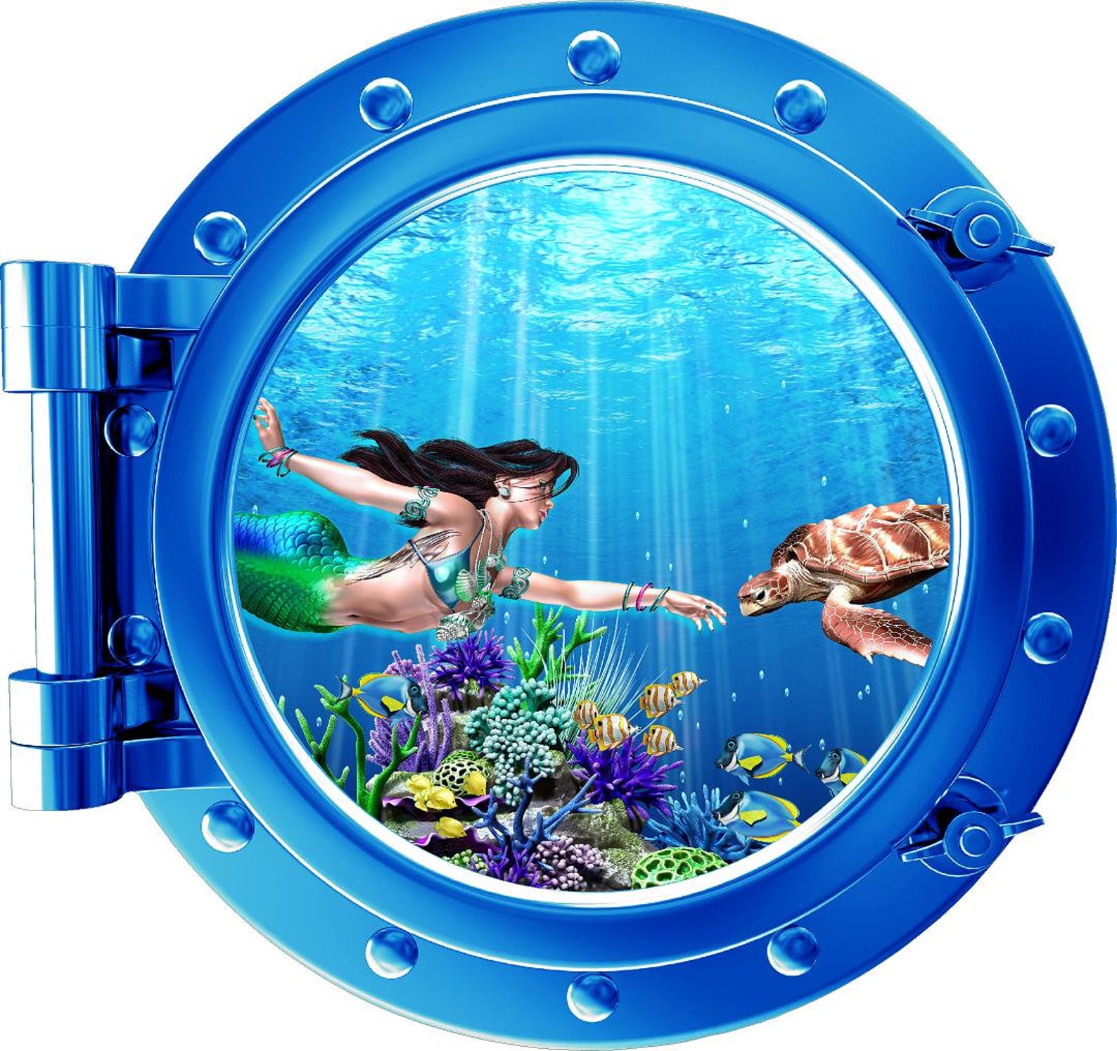 Port Scape Mermaid & Sea Turtle COLORED Porthole Window Wall Decal 3D ...